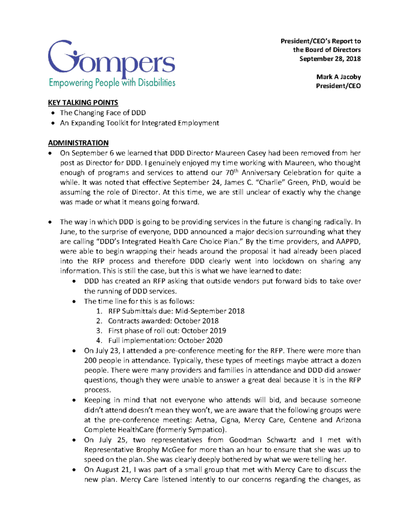 Gompers September 2018 CEO Report | Gompers