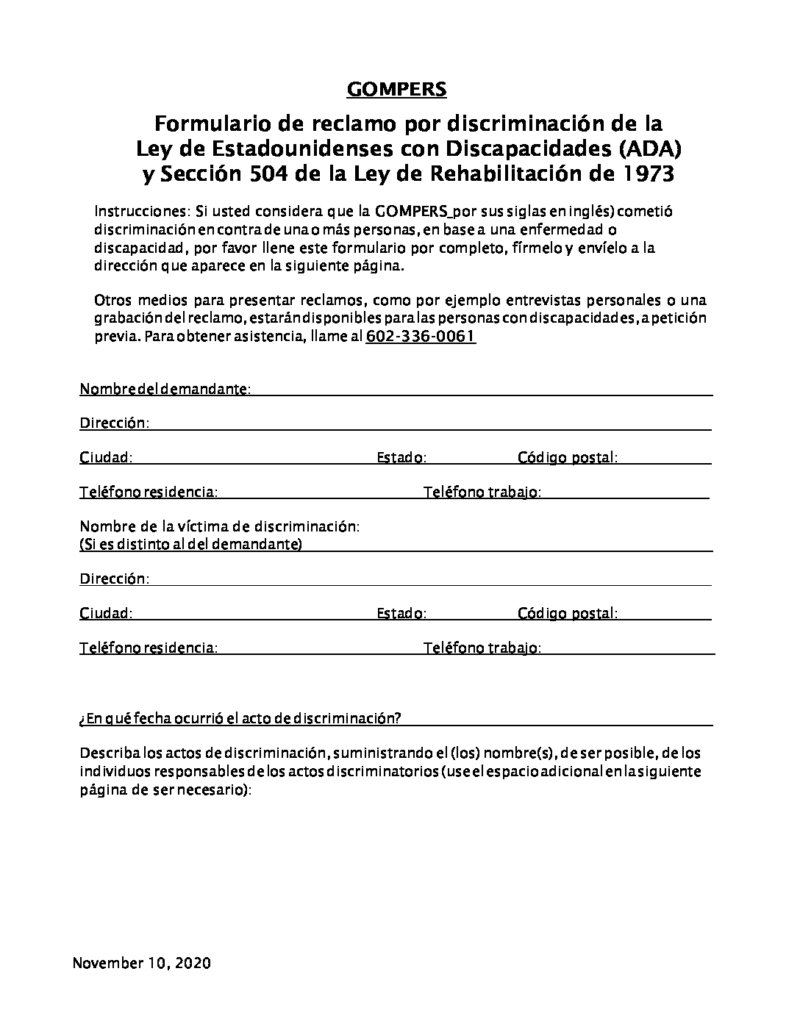 ADA Complaint Form Gomeprs_Spanish Template_HM edits | Gompers